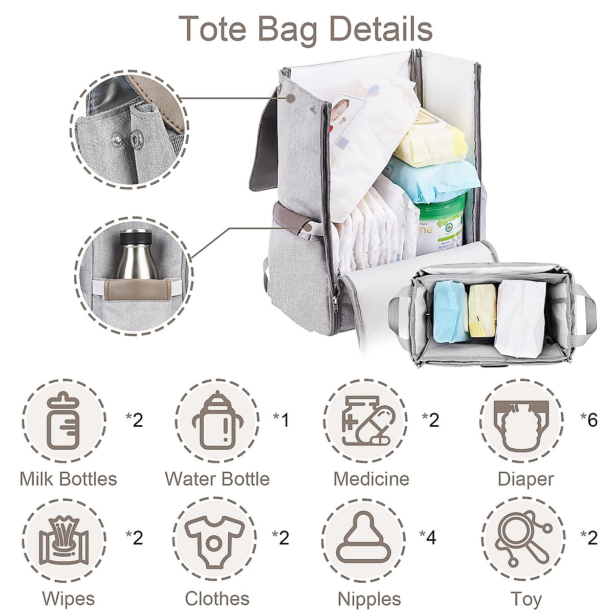 3 in 1 Diaper Bag with Changing Pad Station and Diaper Bag Tote – Pamedo Large Multifunction Travel Backpack- Waterproof Diaper Backpack- Unisex Newborn Gift Ideas Baby Bags, Grey, (PMD01)