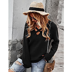 Lrady Womens V Neck Sweater Long Sleeve Casual Loose Fit Tunic Tops Knit Blouse Lightweight Cute Pullover, Black, Small