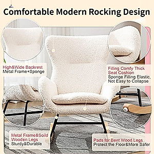 LETESA Nursery Rocking Chair Upholstered with High Backrest and Armrest Accent Chair Cozy Fabric Padded Seat Armchair Single Sofa Accent Glider Rocker for Living Room Bedroom Offices (White)