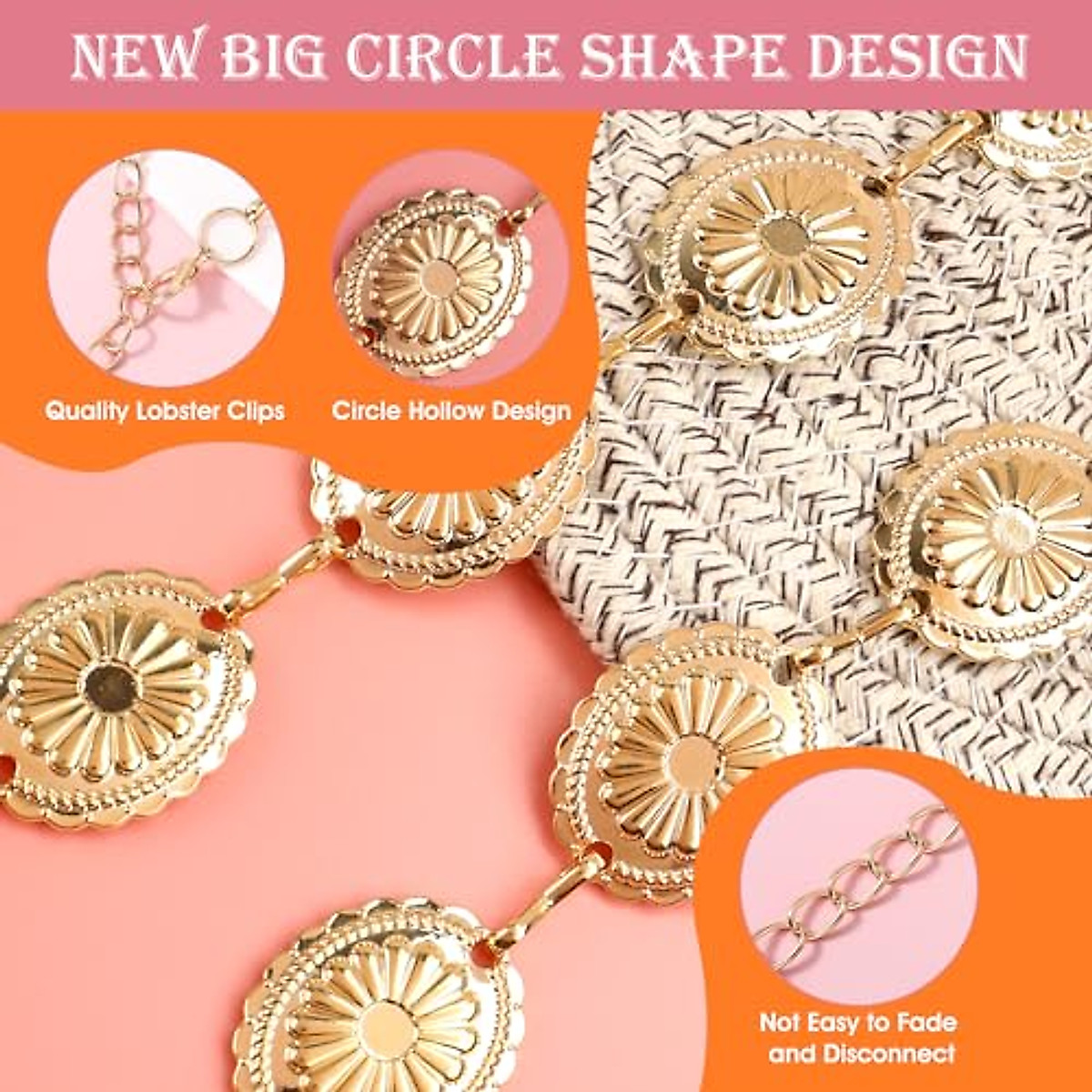 TIESOME Western Metal Concho Belt, Hollow Out Daisy Chain Belt Adjustable Boho Waist Chain Country Concert Outfit for Dress(Gold)