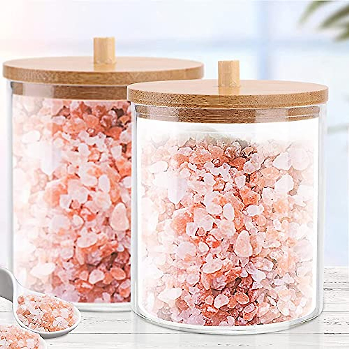 JIEQIJIAJU 2 Pack Acrylic Qtip Holders, Large Cotton Round Holder with Bamboo Lid Clear Apothecary Jars Bathroom Canister Storage for Q-Tips, Cotton Pads & Swab, Hair Ties, Makeup Brush Organizing