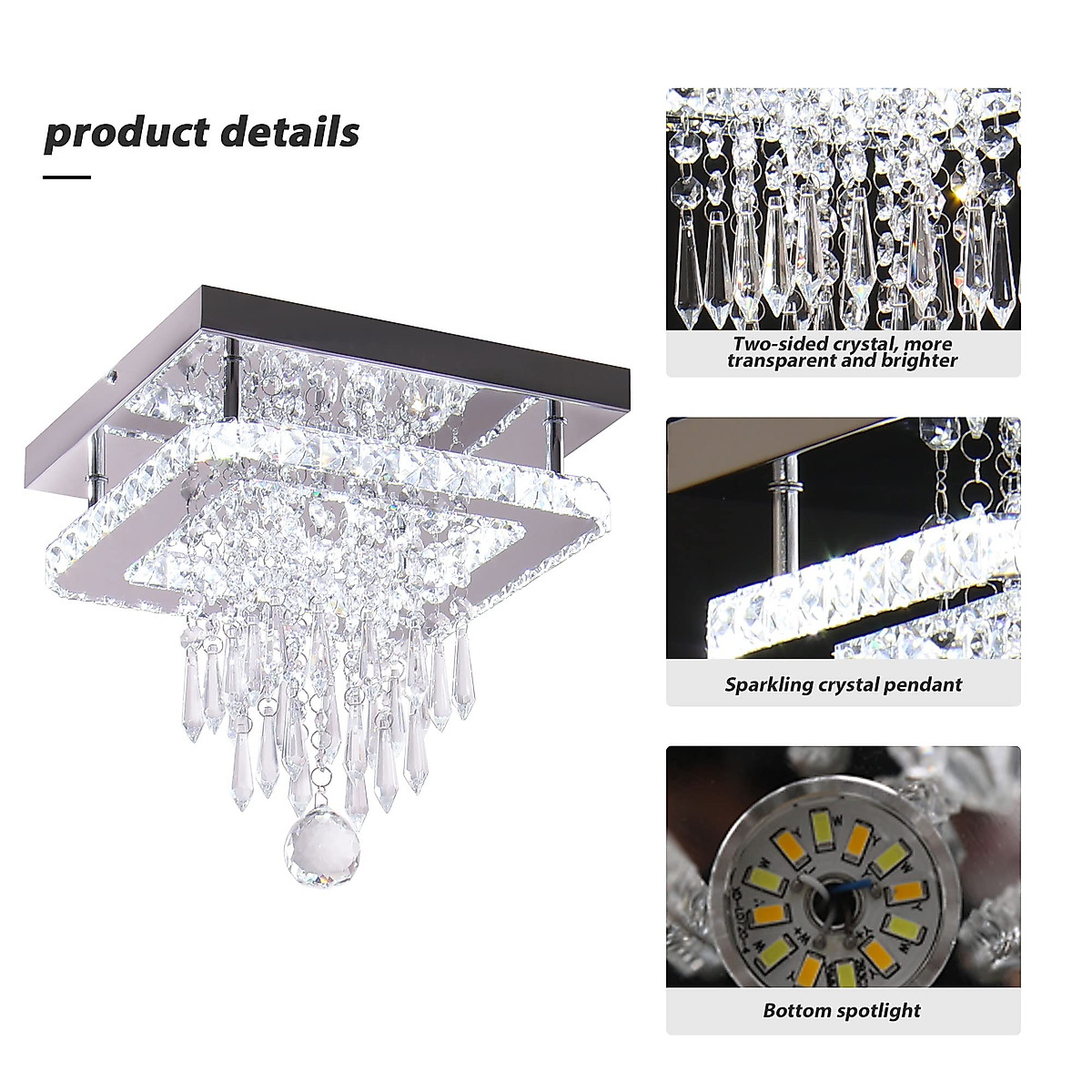 CXGLEAMING Square Crystal Chandelier Modern Crystal Ceiling Light Square LED Chandelier Flush Mount Ceiling Chandeliers for Dining Room Bedroom Hallway Closet (Cool White)