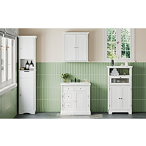 ChooChoo Bathroom Floor Storage Cabinet with Flip Glass Drawer, Bathroom Cabinets Freestanding with 2 Doors Adjustable Shelf & Open Storage for Bathroom, Living Room, Hallway, White