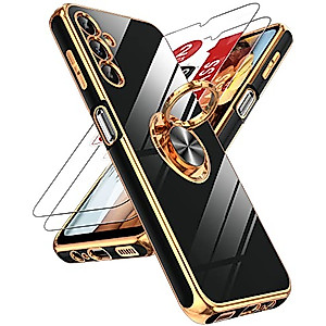 LeYi for Samsung Galaxy A14 5G Case: with 2 Pack Tempered Glass Screen Protector and 360° Rotatable Ring Holder Magnetic Kickstand, Plating Rose Gold Edge Protective Samsung A 14 5G Case, Black