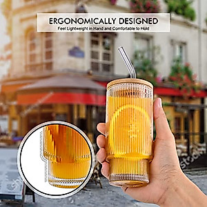 BOICHU Ribbed Glassware Set of 4, Ribbed Glass Cups with Lids and Straws - Vintage Ribbed Drinking Glasses with Bamboo Lids, 11 OZ Cute Fluted Glassware for Iced Coffee,Cocktail,Beer,Smoothie,etc