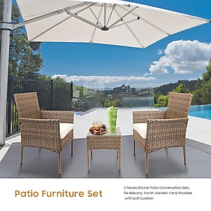 YIYAN 3 Pieces Patio Bistro Set Outdoor Wicker Furniture Outdoor Porch PE Rattan Wicker Chairs Furniture Sets with Sofa Chairs,Glass Coffee Table and White Washable Cushion