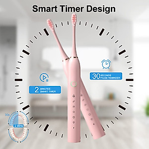 HAXAYOLO Rechargeable Electric Toothbrush , Waterproof Whitening Electric Tooth Brushes with 8 Brush Heads for Adults and Kids, Whitening Toothbrush with 6 Cleaning Modes and Smart Timer(Pink)