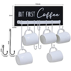 GENMOUS Rustic Coffee Mug Holder Wall Mounted for Mug Rack Organizer, Farmhouse Wood Coffee Cup Holder Tea Mug Rack Wood Storage Display Organizer Hanger for Home Kitchen Coffee Bar Wall Decor Black