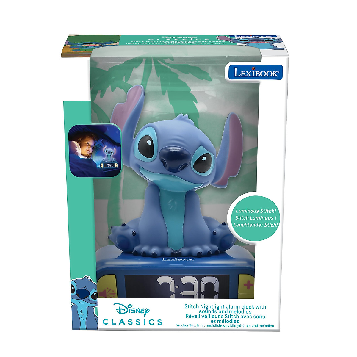 Lexibook, Disney Stitch, Stitch Nightlight Alarm Clock, Sounds and Melodies, LCD Backlit Screen, Luminous, Snooze, Blue, RL800D
