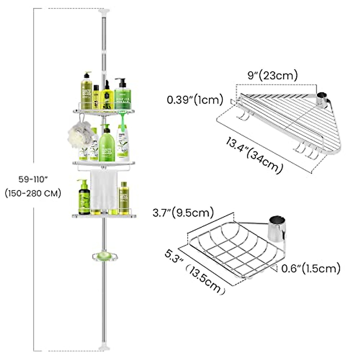 Yvilant Corner Shower Caddy Tension Pole, 4 Layer Rustproof Shower Corner Shelf Stainless Steel Pole Organizer Standing Shower Organizer Adjustable Shower Shelf, 59-110 Inches, Silver
