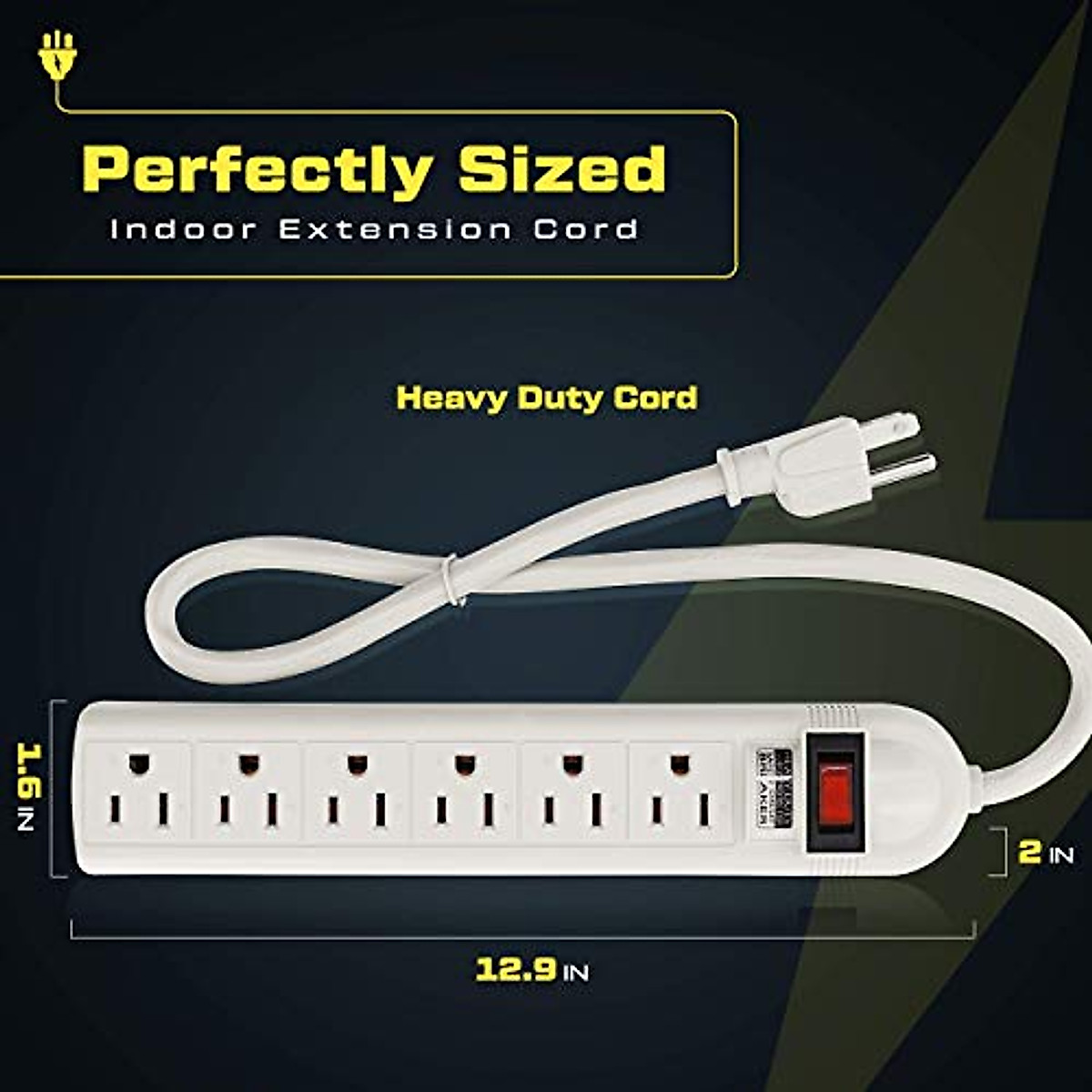 6 Outlet Power Strip T-Type - 90 Joules Surge Protector, 14 AWG x 3C, 15 Amp Shock Proof, 3 Prong, White - by Revpex