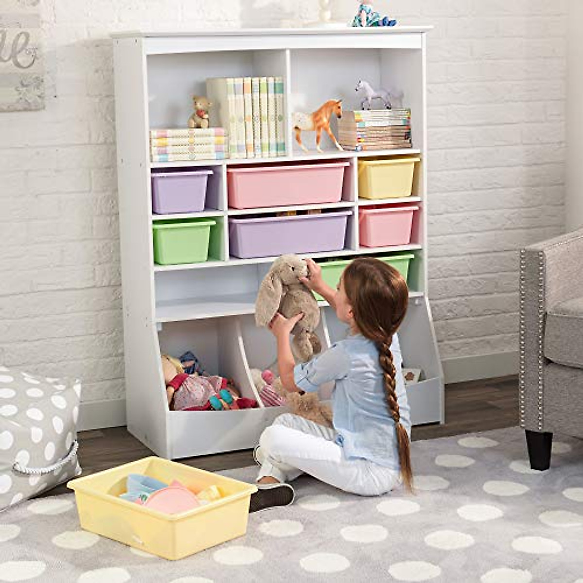 KidKraft Wooden Wall Storage Unit with 8 Plastic Bins and 13 Compartments - White, Gift for Ages 3+ & Nantucket Wooden Storage Bench with Three Bins and Wainscoting Detail - White, Gift for Ages 3+