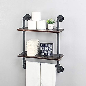 Murtain Industrial Pipe Bathroom Shelves 2-Tier Wall Mounted,19.7 Rustic Shelf with Bath Towel Bars,Farmhouse Rack,Metal & Wooden Floating Shelves,Over The Toilet Storage Shelf,Vintage Black