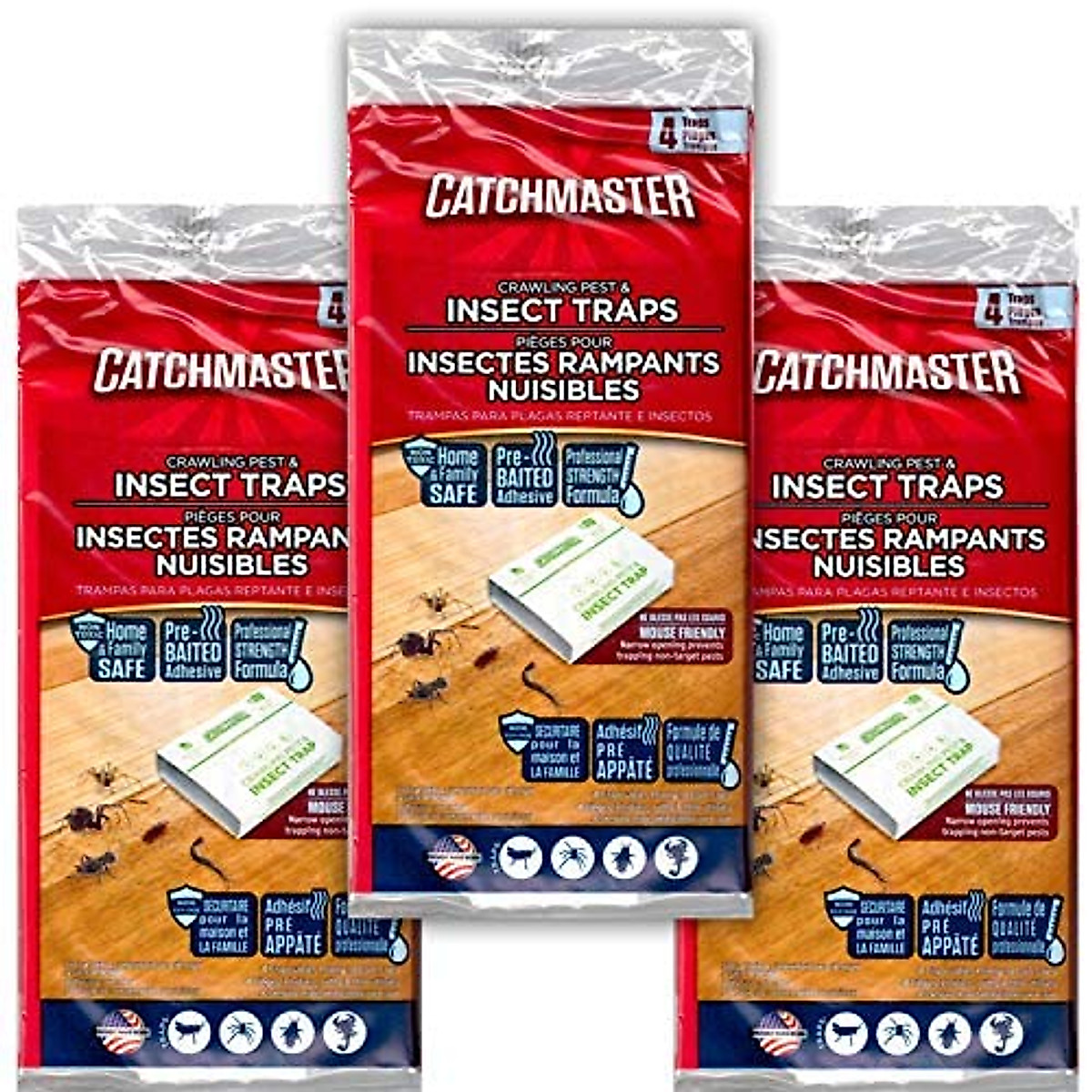 Mouse Glue Trap by Catchmaster - 3 Pack 4 Count (12 Traps Total) Pre-Baited, Ready to Use Indoors. Rodent Spider Insect Wood Sticky Adhesive Narrow Disposable Non-Toxic - Made in The USA