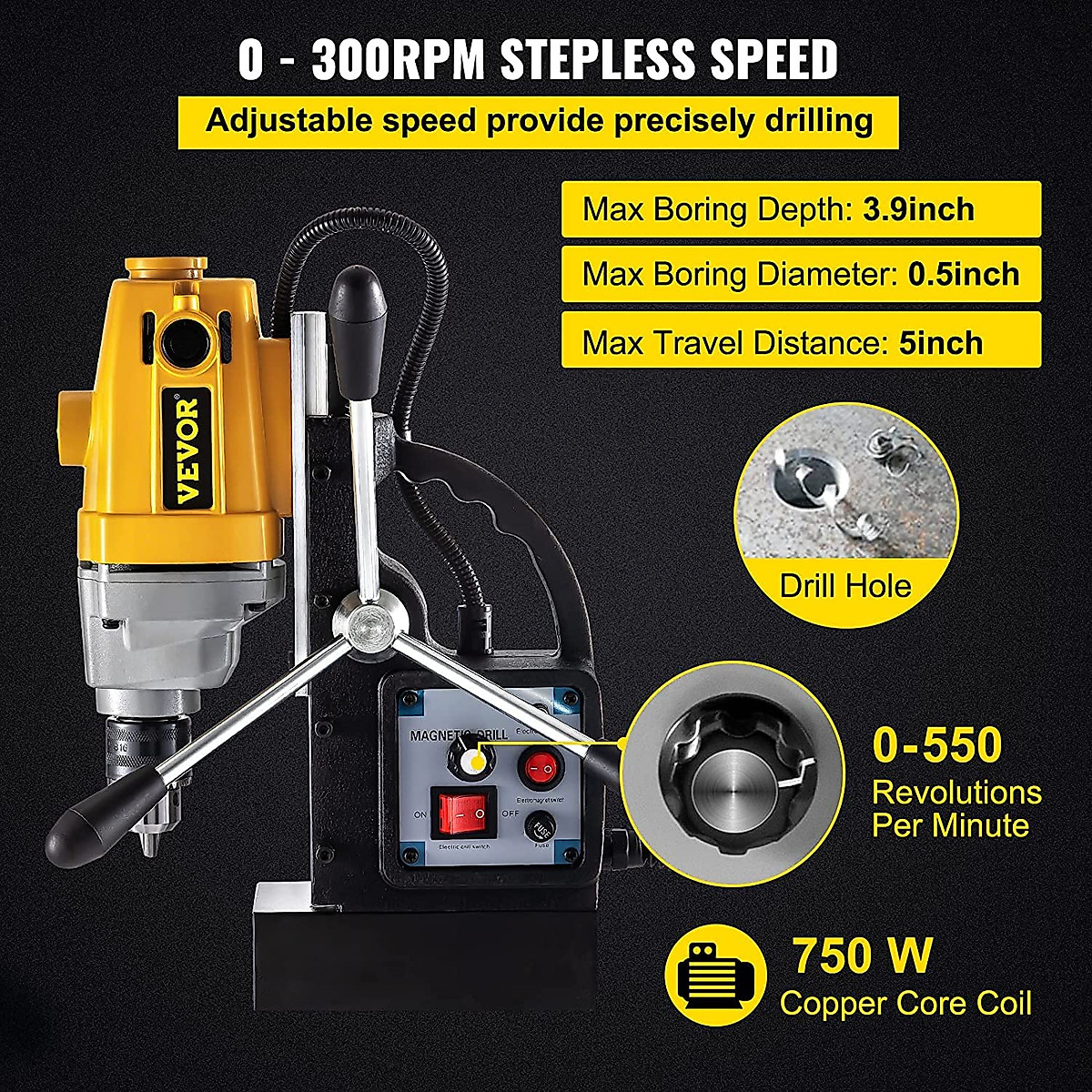 VEVOR Magnetic Drill, 550RPM No-load Speed Electromagnetic Drill Press, 2.16" Depth 1.57" Dia Magnetic Core Drill, 2700LBS Boring Tool Drill Press, w/ 1100W Drill Press, Yellow and Black Drill Machine