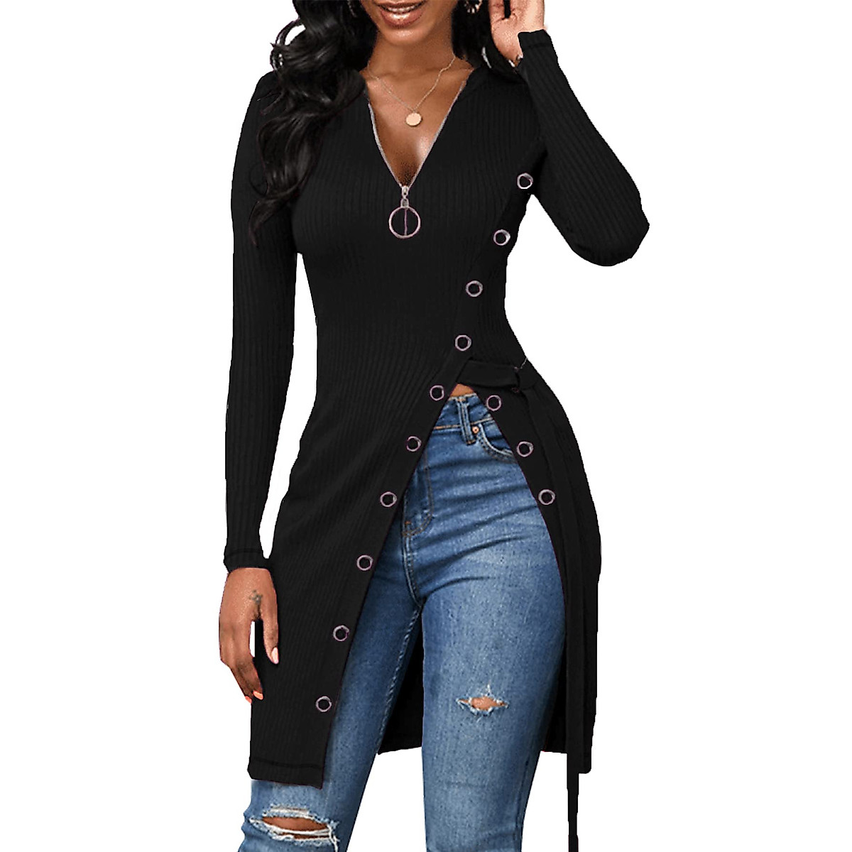 LYANER Women's Sexy Zip Up V Neck Long Sleeve Side Split Asymmetrical Hem Longline Tunic Blouse Top Black X-Large
