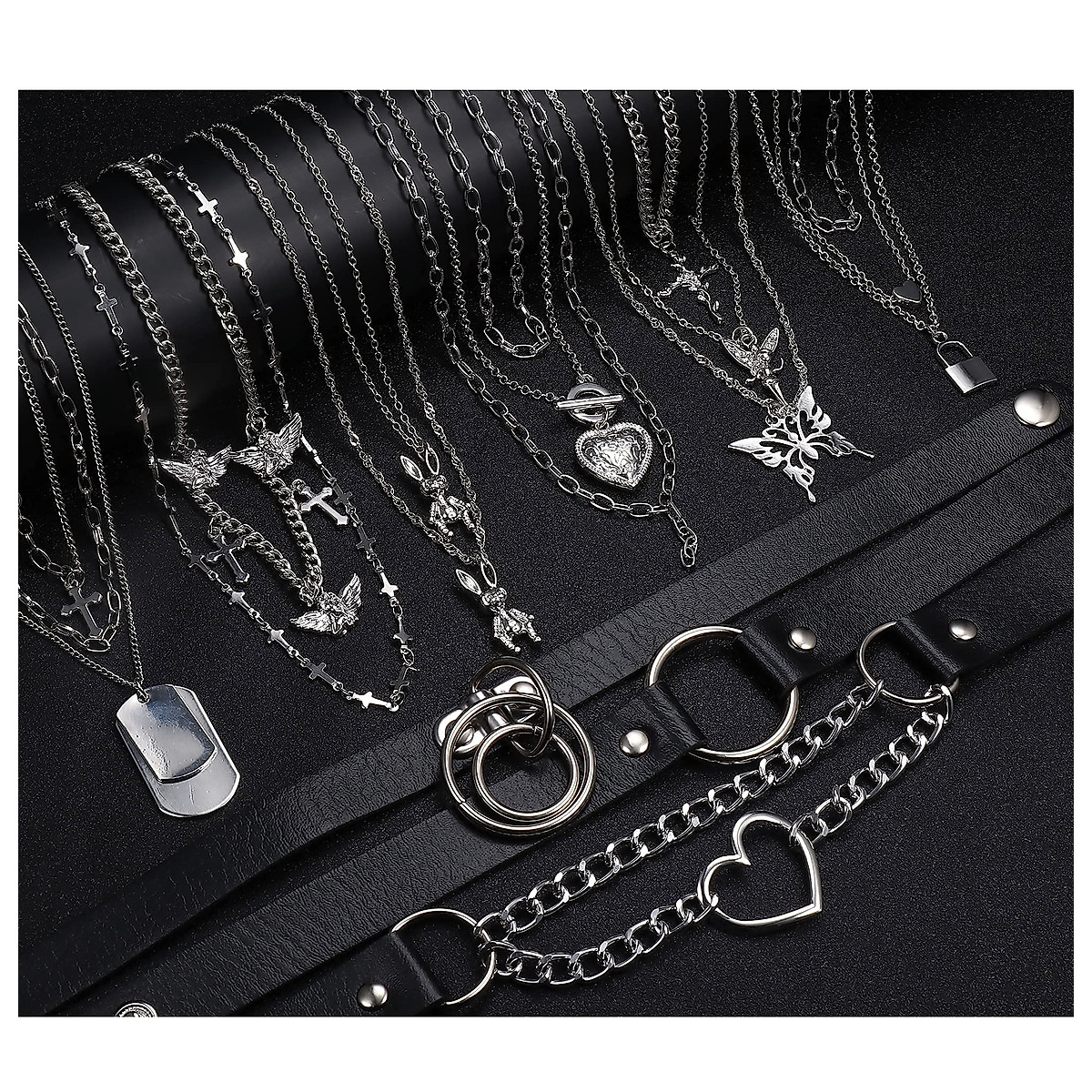 JOERICA 9 PCS Layered Chain Necklaces Set for Women Men Gothic Black Leather Choker Necklaces Adjustable Silver Punk Pendant Necklaces with Lock Heart Butterfly