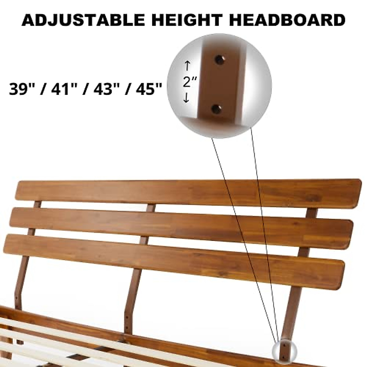 Bme Caden 15 Inch Deluxe Bed Frame with Adjustable Headboard - Mid Century, Retro Style with Acacia Wood - No Box Spring Needed - 12 Strong Wood Slat Support - Easy Assembly - Caramel, King