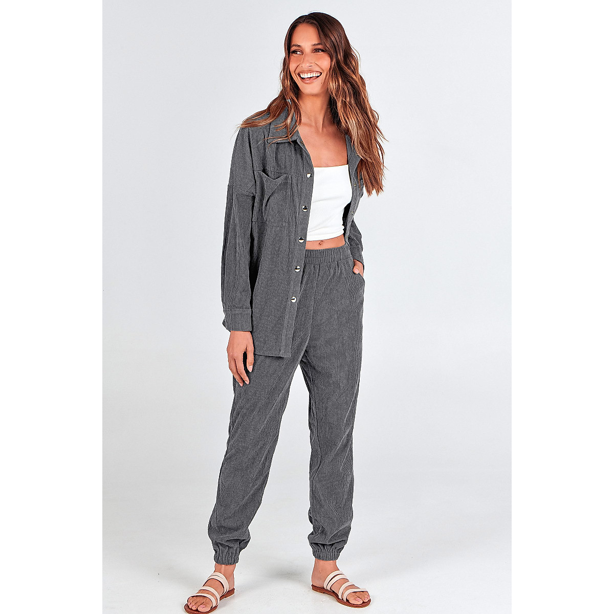PRETTYGARDEN Women's 2 Piece Outfits Casual Corduroy Long Sleeve Button Down Jacket and Pants Tracksuit with Pockets (Grey,Large)