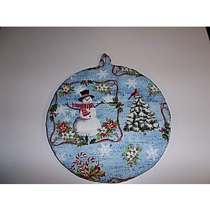Christmas Pot Holders Snowman on Blue Handmade Heat Resistant Double Insulated Quilted Hot Pads 9 Inches Round
