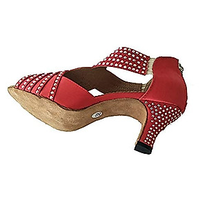 Womens Latin Salsa Dance Shoe 2.5 Inches Cuban Heel Open Toe Ballroom Sexy Evening Socials Indoor Soft Sole Party Dancing Sandals with Rhinestones (Red, Numeric_10)