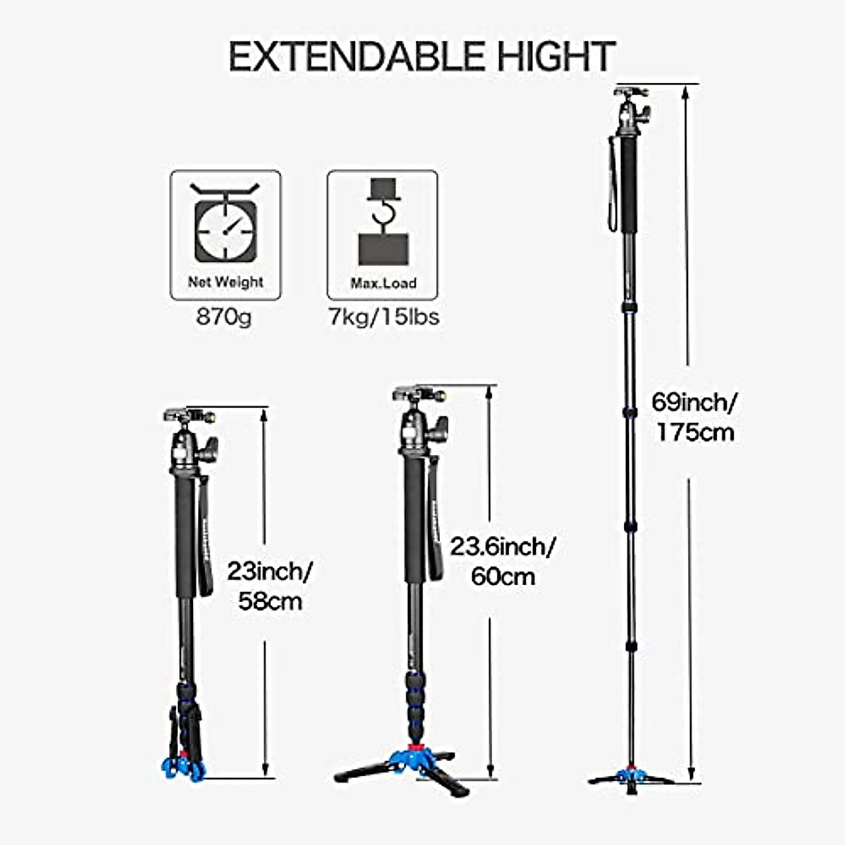 koolehaoda Camera Aluminum Monopod with Three Feet Stand Support Base & K-09 Ballhead for DSLR Camera Canon Nikon. Extended Max Height: 69-inch.