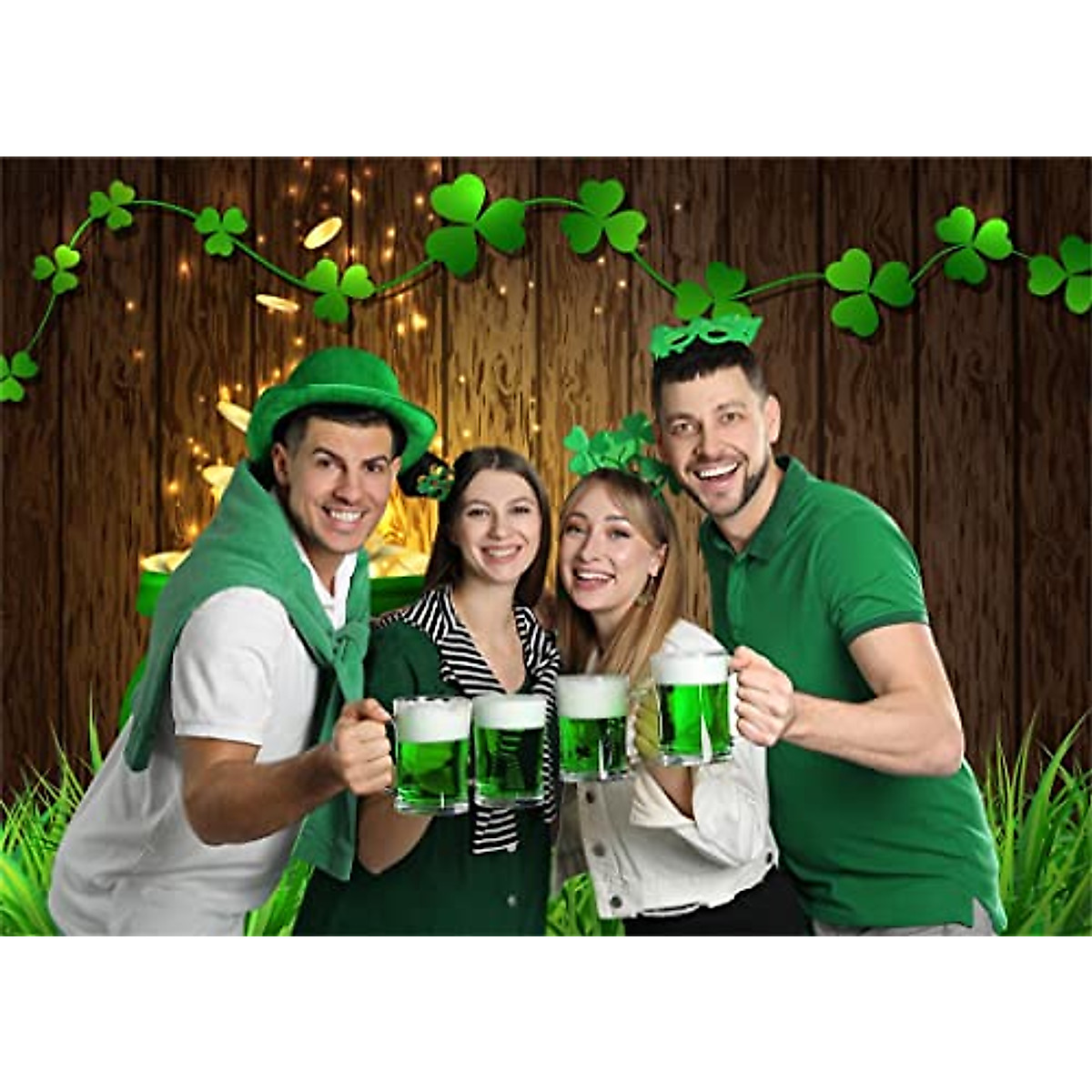 BELECO 7x5ft Fabric St. Patrick's Day Backdrop Pot of Gold Coins Wooden Wall Green Lucky Irish Shamrock Backdrops for Photography Holiday Party Supplies Banner Newborn Baby Kids Photo Background Props