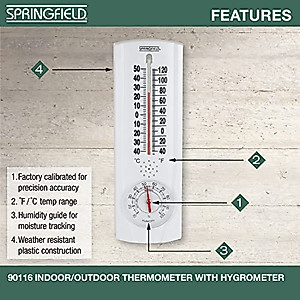 Springfield Vertical Thermometer and Hygrometer, Indoor Outdoor Thermometer, Wireless Humidity Meter for Patio, Garden, or Nursery areas (9.125-Inch)
