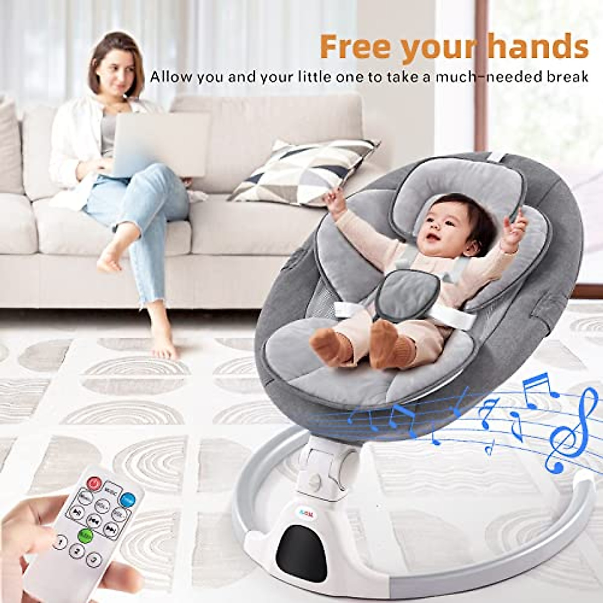 Baby Swings for Infants, Electric Portable Baby Swing for Newborn Baby, Bluetooth Touch Screen/Remote Control Timing Function 5 Swing Speeds 3 Seat Positions Baby Bouncer for Boy Girl Gray
