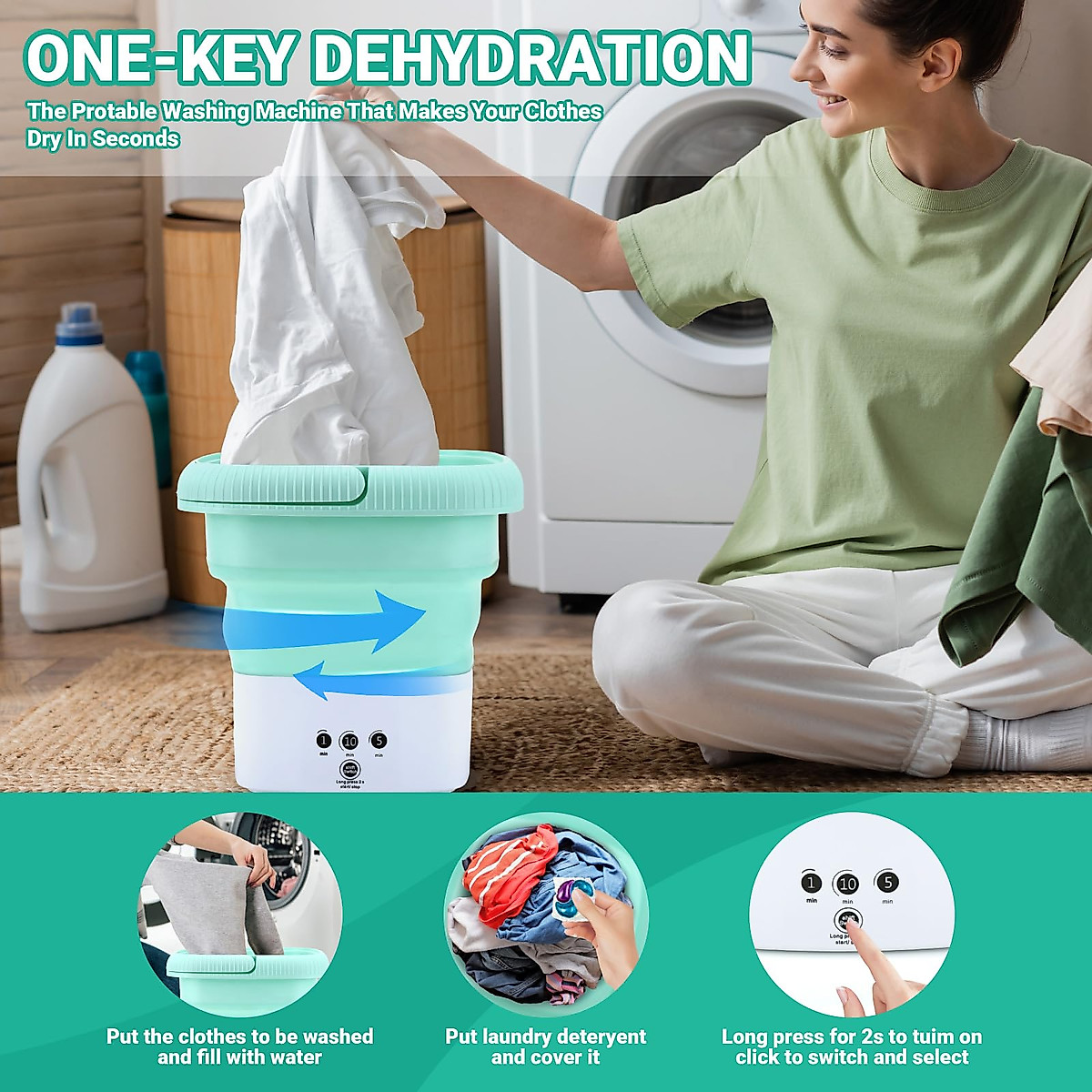 Portable Washing Machine, 6.5L Large Foldable Capacity Mini Washer of Underwear, Socks, Small Clothes Deep Cleaning for Dormitories, Hotel, Travel, Apartment Wash Machine