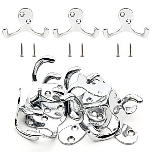 suiwotin 10pcs Coat Hooks, Heavy Duty Wall Hook, Double Prong Robe Hook Wall Mount Hanging Hooks for Closet Clothes, Coat, Bag, Scarf, Towel, Hat, Cap, Key (Chrome)