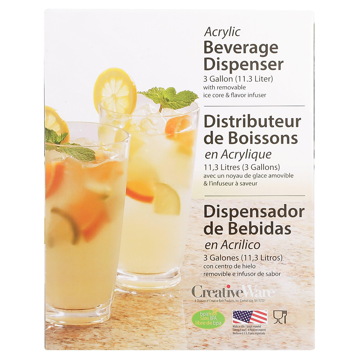 CreativeWare Beverage Dispenser With Ice Cylinder And Fruit Infuser, Clear