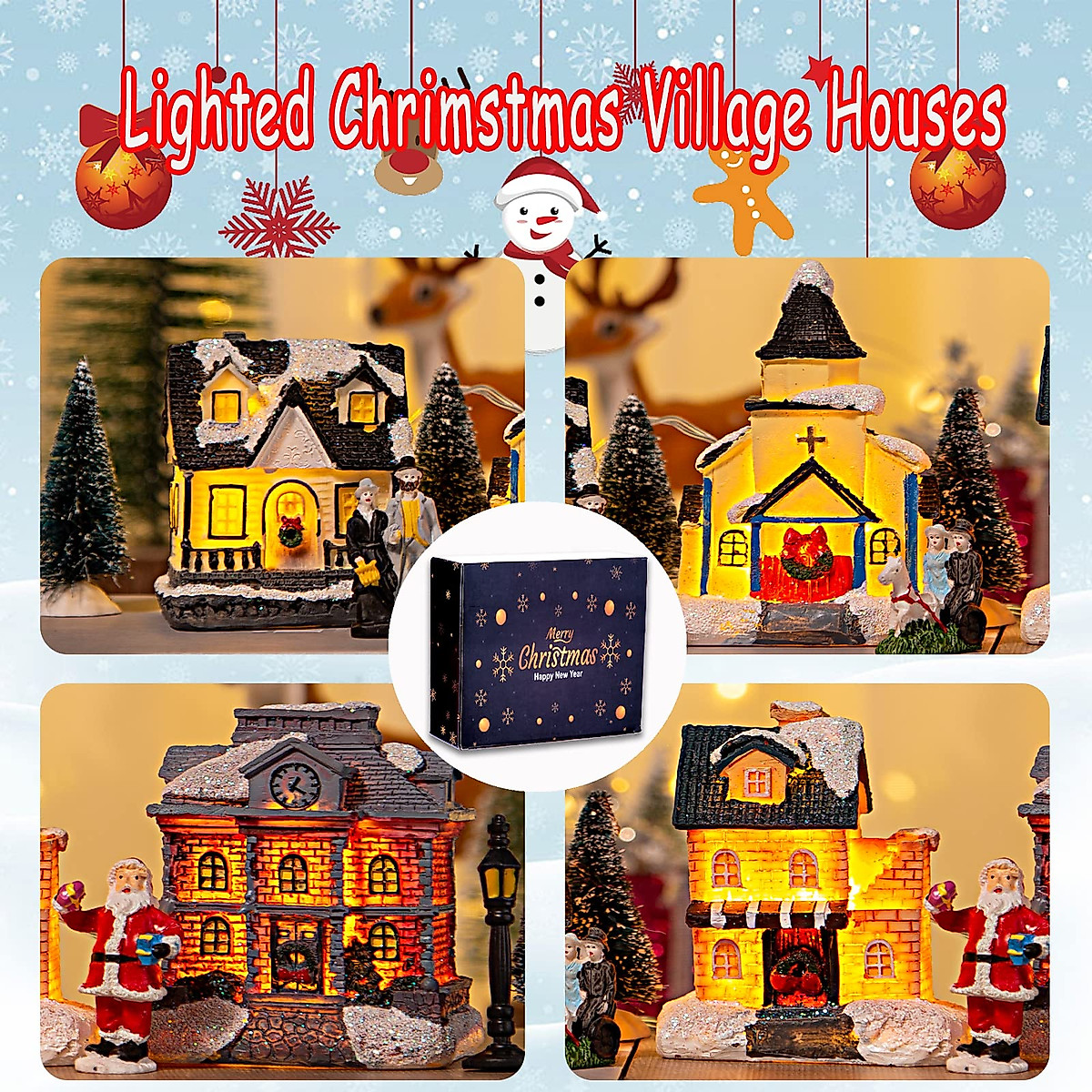 MGTHDS 12PCS Christmas Village Sets, Resin Christmas Ornament with LED Light Christmas Village Houses, Christmas Home Decor Collectible Buildings Gift for Kids