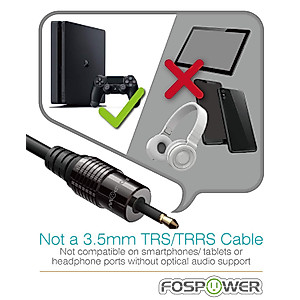 FosPower 24K Gold Plated Toslink to Mini Toslink Digital Optical S/PDIF Audio Cable with Metal Connectors & Strain-Relief PVC Jacket - 10ft