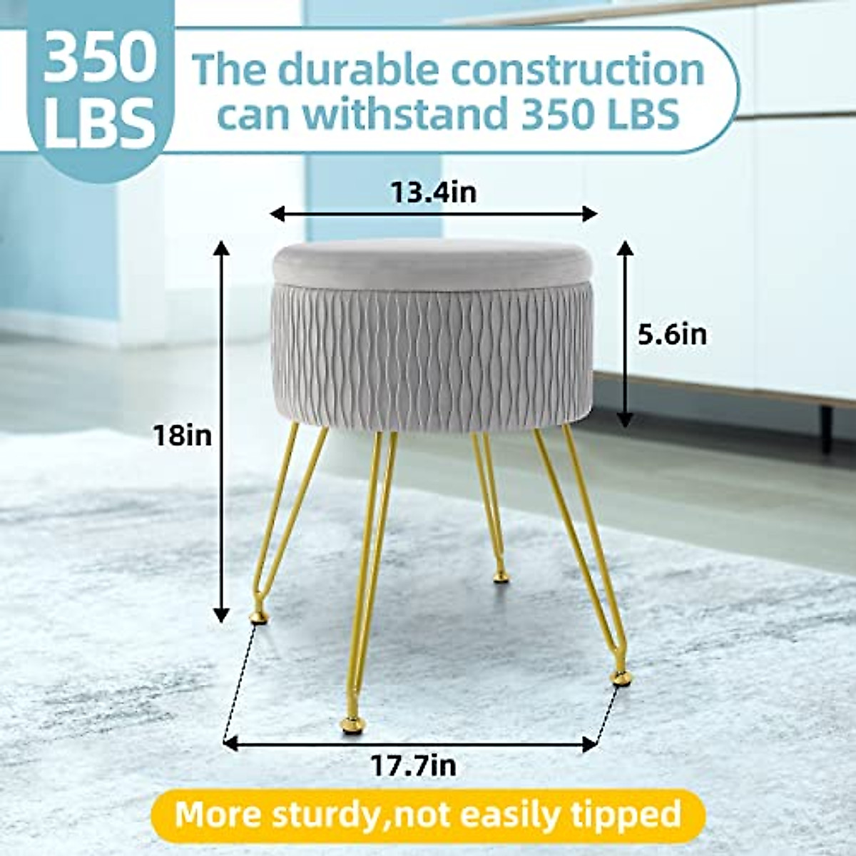 GERANT Velvet Storage Ottoman Vanity Stools - Multifunctional Upholstered Pleated Round Footrest with Golden Metal Legs,Removable Coffee Table Top Cover,Suitable for Living Room,Bedroom(Gray)