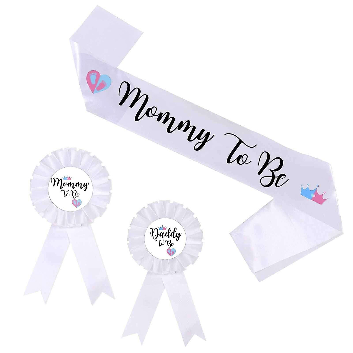 HAPPYLAND Gender Reveal Decorations Sash and Tinplate Badge Mommy to Be and Daddy to Be Baby Shower