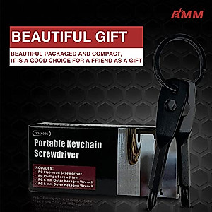 AMM 4 in 1 Portable Keychain Screwdriver（Black) Gifts for Men,Multiple functionality-Phillips, slotted screwdriver and two hex wrenches,Give key chain gifts to family or friends