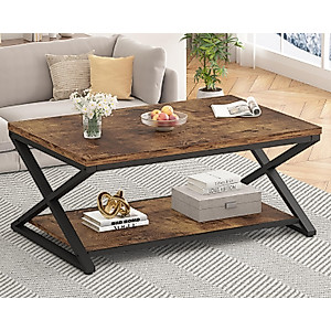 HSH Wood Coffee Table with Storage, Farmhouse Rustic Brown Coffee Table for Living Room, Modern Minimalist 2 Tier Center Table, Simple Rectangle Cocktail Tea Table in Home Office Bedroom, 39 Inch