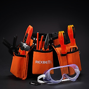 REXBETI 18pcs Young Builder's Tool Set with Real Hand Tools, Reinforced Kids Tool Belt, Waist 20"-32", Kids Learning Tool Kit for Home DIY and Woodworking