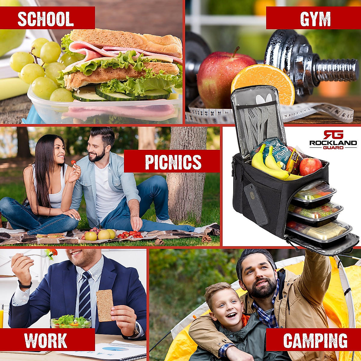 Rockland Guard - Insulated Meal Prep Bag Cooler - Portable Hot or Cold Lunch Box for Meal Management at Work, Gym or Travel. (Black)