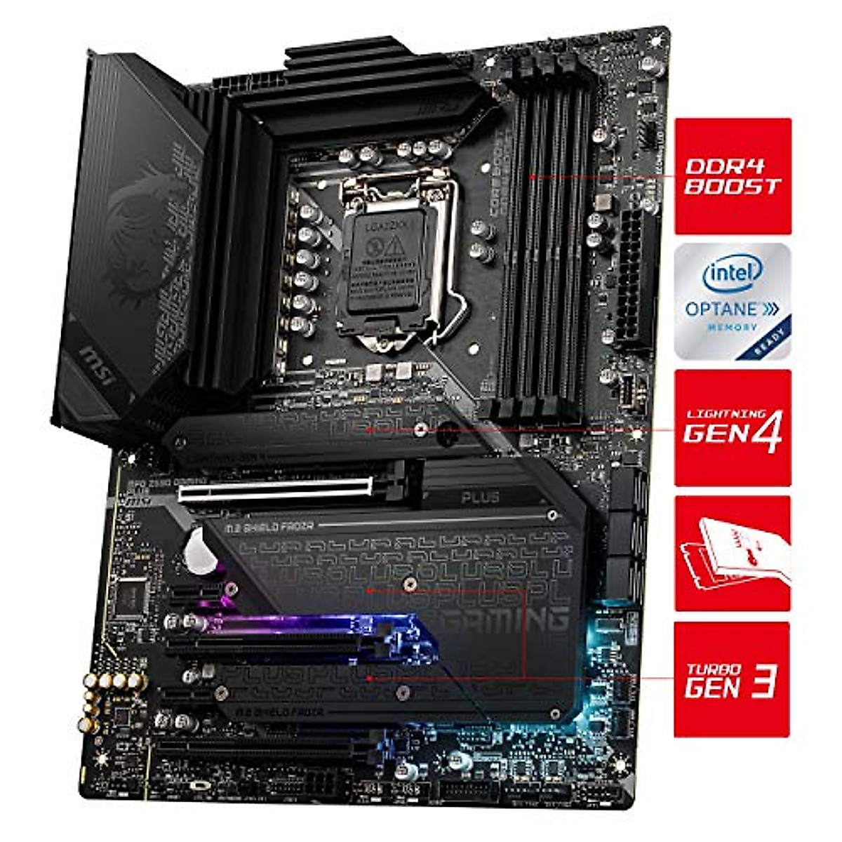 MSI MPG Z590 Gaming Plus Gaming Motherboard (ATX, 11th/10th Gen Intel Core, LGA 1200 Socket, DDR4, PCIe 4, CFX, M.2 Slots, USB 3.2 Gen 2, DP/HDMI, Mystic Light RGB)