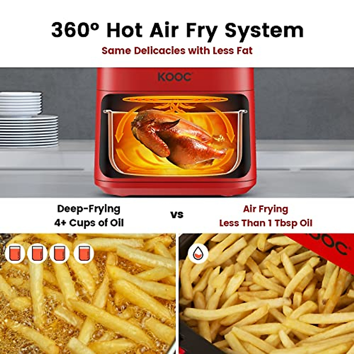 KOOC Air Fryer, 6.5 Quart 10 in 1 Electric Air Fryer Oven (Free Cheat Sheet for Quick Reference), LED Touch Digital Screen, Easy Customized Temp/Time, Nonstick Basket, 1700W, Red