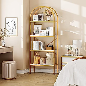 YITAHOME Gold Bookshelf and Bookcase, 71.3” Tall Modern Open Arched Book Shelf, 4-Tier Freestanding Storage Display Rack Shelves for Bedroom,Living Room,Office,Kitchen, White&Gold