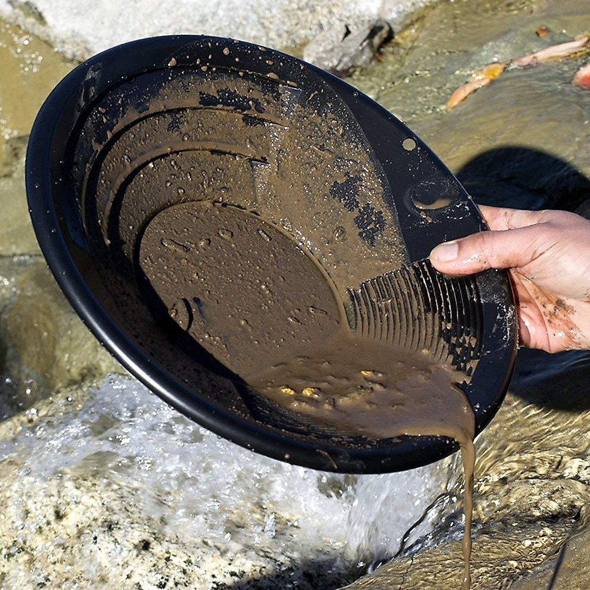 SE 14 Inch Gold Panning Pan - Three Riffles for Easier Mining and Prospecting, Black