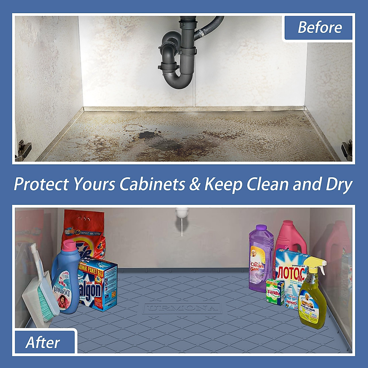 URMONA Under Sink Mat for Kitchen Waterproof, 40" x 22" Silicone Under Sink Mat for Shelf Liner Organizer, Cabinet Sink Protector Under Sink Liner for Bottom Kitchen, Bathroom(Black)