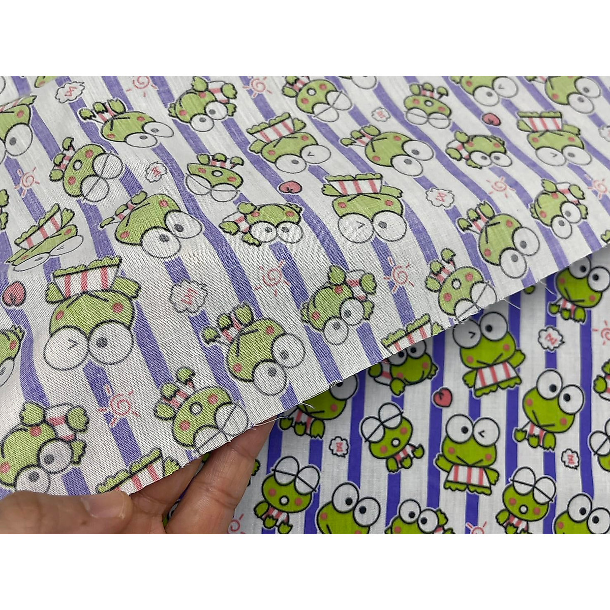 AMORNPHAN 44 Inch Green Keroro Happy Frog Cartoon Purple Stripes Printed On White Cotton Fabric Themed Pattern with Frogs for Craft Decorative Kid Patchwork Handmade Sewing Crafting for 1 Yard
