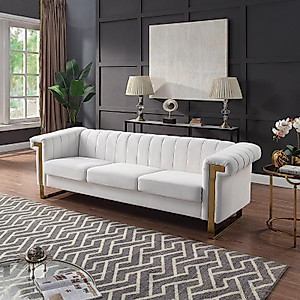 MULEJYBO 84" Velvet Sofa Couch, Chesterfield 3 Seater Couch with Rolled Armrest for Living Room, Mid-Century Modern Sofa with Brushed Metal Feet, Beige