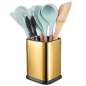 RedCall Stainless Steel Kitchen Utensil Holder for Countertop, Spoon Spatula Organizer,Modern Rectangular Large Cooking Utensil Caddy Counter,Utensil Crock (Stainless Steel Gold)