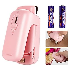 Mini Bag Sealer, Kenossion Chip Bag Sealer - Bag Sealer Heat Seal with Cutter & Magnet, Portable Mini Sealing Machine to Reseal Plastic Bags & Keep Snacks Fresh-Pink (2xAA Batteries Included)
