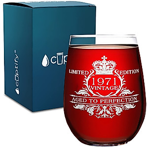 Cuptify 52nd Birthday Gifts for Women 1971 Vintage Edition 17 oz Stemless Wine Glass 52 Year Old Birthday Anniversary Presents Party Decorations for Mom